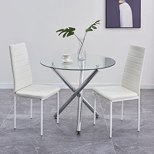 ROOIOME Round Glass Dining Table Set 3 Pieces Dining Table Chair Set for Home Kitchen Round Tripod Chrome Legs Table with 2 PU Chairs, Contemporary Dining Room Furniture Set for Small Space