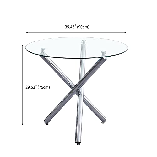 ROOIOME Round Glass Dining Table Set 3 Pieces Dining Table Chair Set for Home Kitchen Round Tripod Chrome Legs Table with 2 PU Chairs, Contemporary Dining Room Furniture Set for Small Space