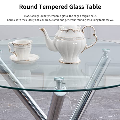 ROOIOME Round Glass Dining Table Set 3 Pieces Dining Table Chair Set for Home Kitchen Round Tripod Chrome Legs Table with 2 PU Chairs, Contemporary Dining Room Furniture Set for Small Space