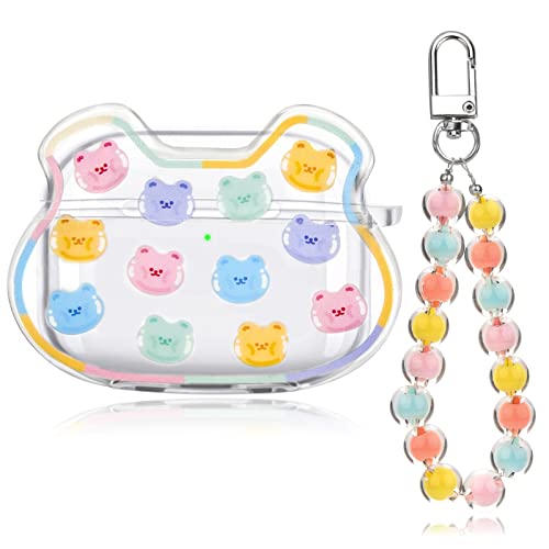 Cute AirPod Pro Cases Korea Funny 3D Bear Design with Coloful Round Bead Bracelet Clear Soft Protective Cover Compatiable with AirPods Pro for Women and Girls