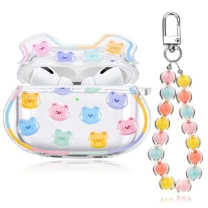 Cute AirPod Pro Cases Korea Funny 3D Bear Design with Coloful Round Bead Bracelet Clear Soft Protective Cover Compatiable with AirPods Pro for Women and Girls