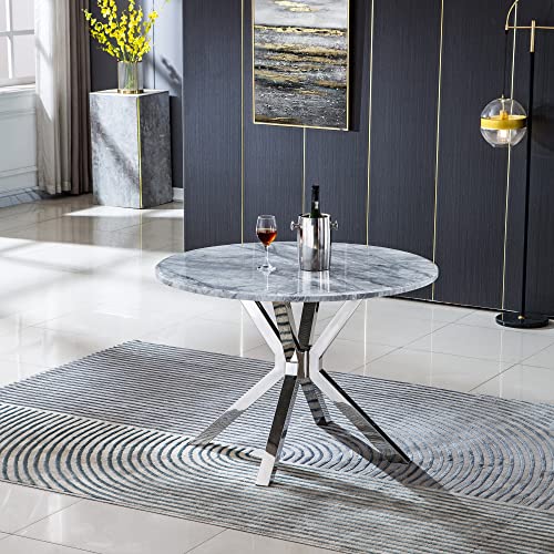 Melpomene 42" Round Marble Table with Chrome Plated Stainless Steel Base for Apartment Dining Room and Kitchen(Grey)