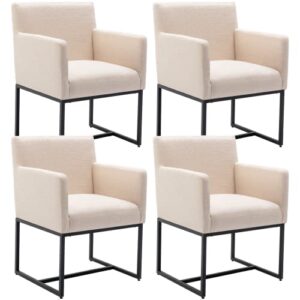 hny mid century modern upholstered dining chairs with arms set of 4, linen accent with black finish metal frame, 19'' wide for living room kitchen bedroom, cream, cream-linen-black frame