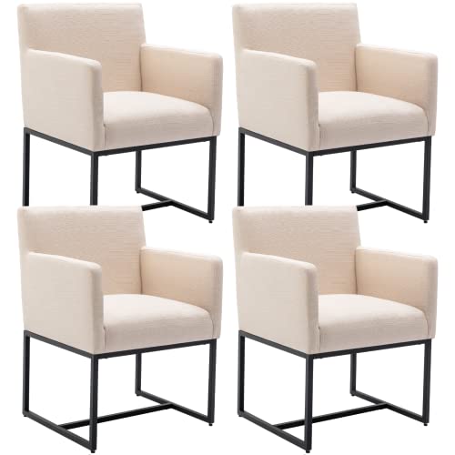 HNY Mid Century Modern Upholstered Dining Chairs with Arms Set of 4, Linen Accent with Black Finish Metal Frame, 19'' Wide for Living Room Kitchen Bedroom, Cream, Cream-linen-black Frame