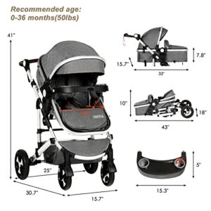 Kinder King 3 in 1 Reversible Baby Stroller w/Detachable Tray, Convert to Newborn Bassinet Pram, Folding Infant Carriage for Toddler, Adjustable Canopy & Handle, Aluminum Alloy, Suspension Wheels