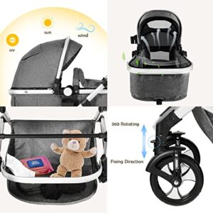 Kinder King 3 in 1 Reversible Baby Stroller w/Detachable Tray, Convert to Newborn Bassinet Pram, Folding Infant Carriage for Toddler, Adjustable Canopy & Handle, Aluminum Alloy, Suspension Wheels