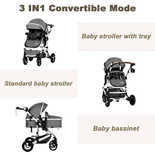 Kinder King 3 in 1 Reversible Baby Stroller w/Detachable Tray, Convert to Newborn Bassinet Pram, Folding Infant Carriage for Toddler, Adjustable Canopy & Handle, Aluminum Alloy, Suspension Wheels