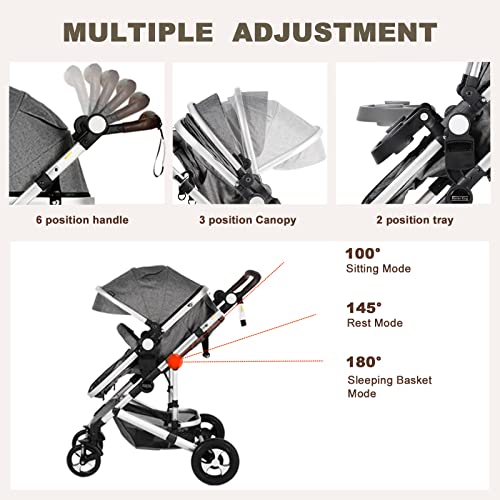 Kinder King 3 in 1 Reversible Baby Stroller w/Detachable Tray, Convert to Newborn Bassinet Pram, Folding Infant Carriage for Toddler, Adjustable Canopy & Handle, Aluminum Alloy, Suspension Wheels