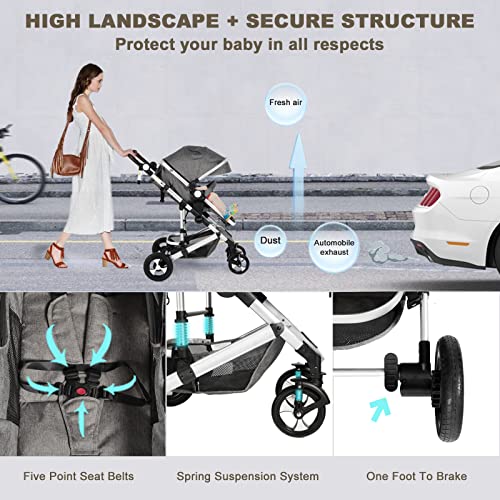 Kinder King 3 in 1 Reversible Baby Stroller w/Detachable Tray, Convert to Newborn Bassinet Pram, Folding Infant Carriage for Toddler, Adjustable Canopy & Handle, Aluminum Alloy, Suspension Wheels