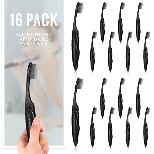 Youyole 16 Pcs Black Travel Toothbrush Folding Portable Charcoal Toothbrush Travel Toothbrush Kit with Soft Medium Bristles for Camping Travel Manual Toothbrushes Bulk