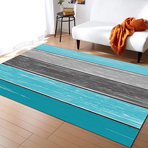 Barn Wood Board Gray Area Rug, Teal Grey Gradient Stripes Living Room Rug, Indoor Non-Slip Rug for Room Sofa Living Room Mat Bedroom Home Decor Floor Mats (3ft×5ft)