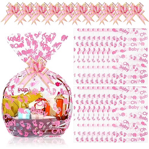 12 Pcs Extra Large Baby Shower Basket Bags with 10 Bows Ribbon 28 x 40 Inch Large Cellophane Bags Baskets Empty Bags Jumbo Cellophane Wrap for Gift, Presents, Baby Shower (Pink Elephant Patterns)