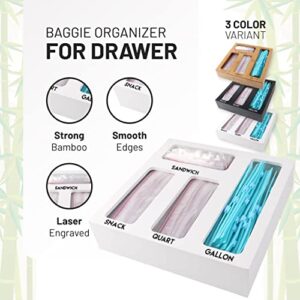 Ziplock Bag Storage Organizer - Bamboo Baggie Organizer for Drawer - Kitchen Organization and Storage - Compatible with Gallon, Quart, Sandwich, and Snack by STSH Products (White)