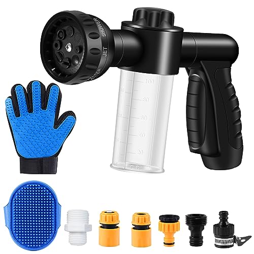 Pup Jet Dog Wash, 8 in 1 Dog Wash Hose Attachment with Soap Dispenser, Dog Washer Water Hose Spray Nozzle, for All Kinds of Pet Showers, Car Wash, Watering Lawns and Plants (Black)