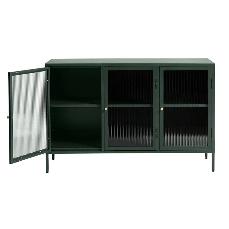 Modern Tempered Fluted Glass & Steel Sideboard with 3 Hinged Doors, 2 Adjustable Shelves, Bookcases, Cabinets, Entertainment, Filing & Storage for Home Office, Kitchen, 52x15.75x33.5 in.