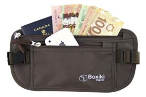 boxiki travel money belt - rfid blocking money belt and safe waist bag, secure fanny pack for men and women, fits passport, wallet, phone and personal items. running belt, waist pack (brown)