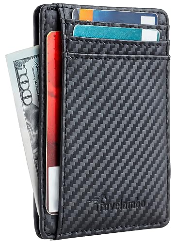 Travelambo Front Pocket Minimalist Leather Slim Wallet RFID Blocking Carbon Fiber Texture(Black)