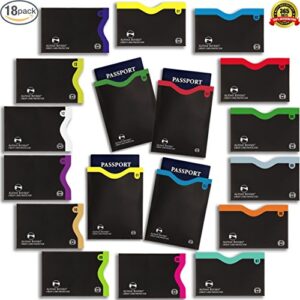 18 RFID Blocking Sleeves (14 Credit Card Holders & 4 Passport Protectors) Ultimate Premium Identity Theft Protection Sleeve Set for Men & Women. Smart Slim Profile Design (Color Numbered Versatile)