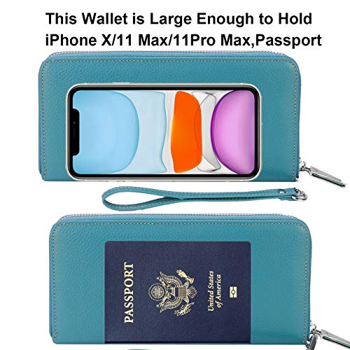 Lavemi Women's RFID Blocking 100% Leather Large Capacity Zip Around Wallet Phone Holder Clutch Travel Purse Wristlet(Large Size Light Green)