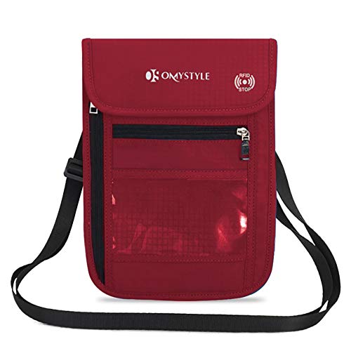 OMYSTYLE Travel Neck Pouch, RFID Passport Holder with Adjustable Neck Strap, Waterproof Neck Wallet for Men & Women to Keep Cash, Credit Cards and Documents Safe, Red