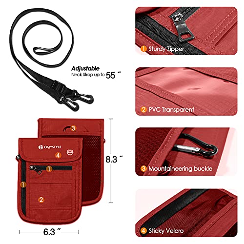 OMYSTYLE Travel Neck Pouch, RFID Passport Holder with Adjustable Neck Strap, Waterproof Neck Wallet for Men & Women to Keep Cash, Credit Cards and Documents Safe, Red