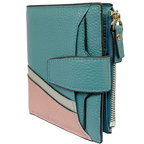 AINIMOER Women's RFID Blocking Leather Small Compact Bi-fold Zipper Pocket Wallet Card Case Purse with id Window (Wavy Sky Blue)