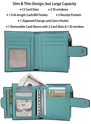 AINIMOER Women's RFID Blocking Leather Small Compact Bi-fold Zipper Pocket Wallet Card Case Purse with id Window (Wavy Sky Blue)