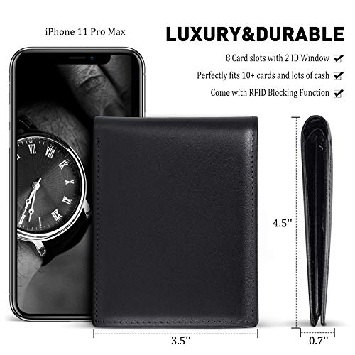 LVCRETIVS Leather Bifold Wallet for Men Full Grain Leather RFID Blocking Wallet with 2 ID Windows