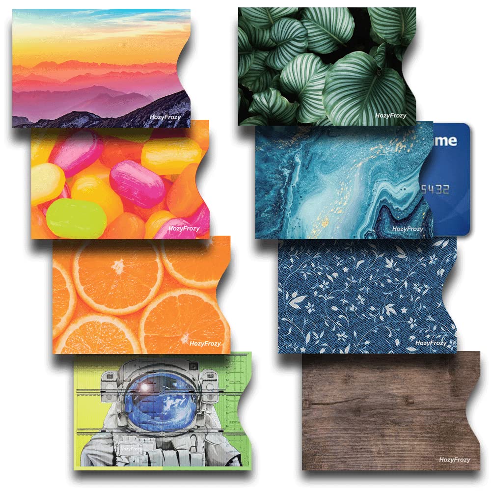 8 RFID Blocking Sleeves, Credit Card Protector, Anti-Theft Credit Card Holder, Easy to Recognize, 8 Different Themes, Wood, Denim, Leaves, Candies, Oranges, Vivid Sky, Astronaut, Blue Ink Swirl