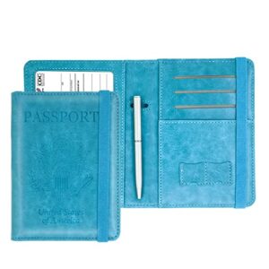 yixxi passport and vaccine card holder combo pu leather rfid blocking passport holder with vaccine card slot travel wallets protector cover for men women family (blue)