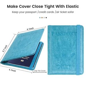 YIXXI Passport and Vaccine Card Holder Combo PU Leather Rfid Blocking Passport Holder with Vaccine Card Slot Travel Wallets Protector Cover for Men Women Family (Blue)