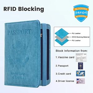 YIXXI Passport and Vaccine Card Holder Combo PU Leather Rfid Blocking Passport Holder with Vaccine Card Slot Travel Wallets Protector Cover for Men Women Family (Blue)