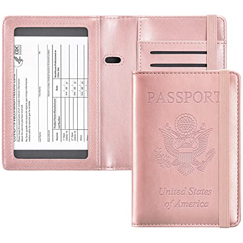 HerriaT Passport and Vaccine Card Holder Combo,Cover Case with CDC Vaccination Card Slot, Leather Travel Documents Organizer Protector, with RFID Blocking, for Women and Men