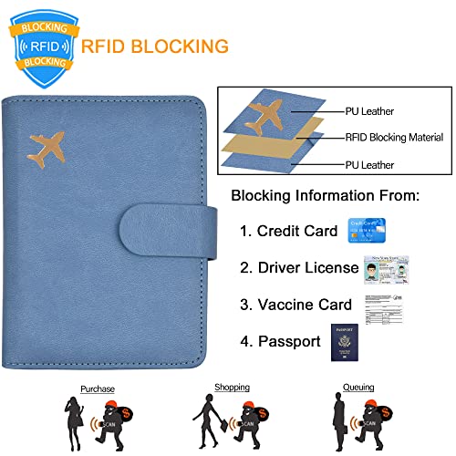 Doulove Passport and Vaccine Card Holder Combo Rfid Blocking, Upgraded Multi-Function Travel Wallet Passport Holder with Card Slot, Passport Cover for Women Men Blue