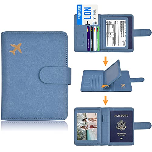 Doulove Passport and Vaccine Card Holder Combo Rfid Blocking, Upgraded Multi-Function Travel Wallet Passport Holder with Card Slot, Passport Cover for Women Men Blue