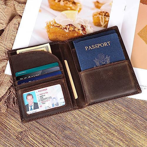 Polare Full Grain Leather Passport Holder RFID Blocking Travel Bifold Wallet Passport Holders 2 Passports (Dark Brown)