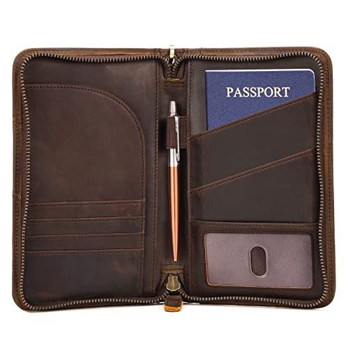 Polare Full Grain Leather Passport Holder With YKK Zipper RFID Blocking Travel Document Organizer Ticket Holder Cover Case Holds 2 Passports (Dark Brown)