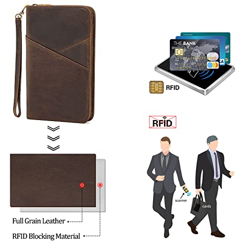 Polare Full Grain Leather Passport Holder With YKK Zipper RFID Blocking Travel Document Organizer Ticket Holder Cover Case Holds 2 Passports (Dark Brown)