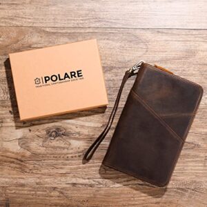 Polare Full Grain Leather Passport Holder With YKK Zipper RFID Blocking Travel Document Organizer Ticket Holder Cover Case Holds 2 Passports (Dark Brown)