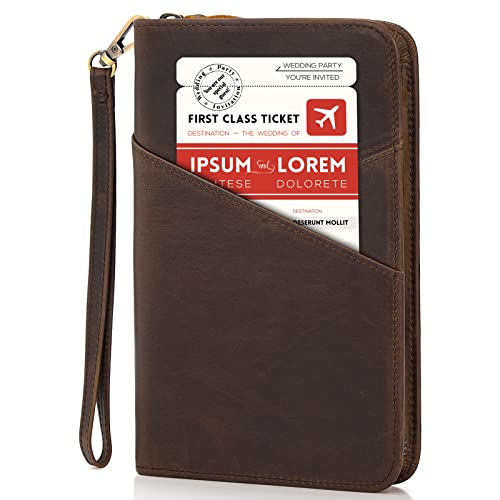 Polare Full Grain Leather Passport Holder With YKK Zipper RFID Blocking Travel Document Organizer Ticket Holder Cover Case Holds 2 Passports (Dark Brown)