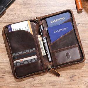 Polare Full Grain Leather Passport Holder With YKK Zipper RFID Blocking Travel Document Organizer Ticket Holder Cover Case Holds 2 Passports (Dark Brown)