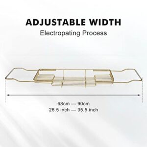 BAWOUA Bathtub Caddy Tray - Over Bathtub Racks with Natural Marble(Emerald), Strong Expandable Chrome Polished Stainless Steel Brackets for Bath (Gold)