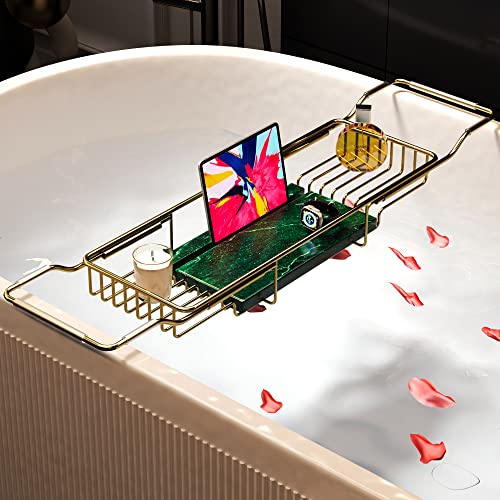 BAWOUA Bathtub Caddy Tray - Over Bathtub Racks with Natural Marble(Emerald), Strong Expandable Chrome Polished Stainless Steel Brackets for Bath (Gold)