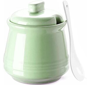 ceramic sugar bowl with lid and spoon, 12oz farmhouse sugar jar, porcelain sugar container for coffee bar, kitchen countertop, turquoise sugar holder sugar pot for salt creamer, dishwasher safe, green