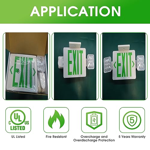 Garrini LED Green Emergency Light Combo Exit Sign Rectangular Adjustable Lamp 2-Heads UL Certified GC4 for Apartments Hotels Hospitals Offices(Green)