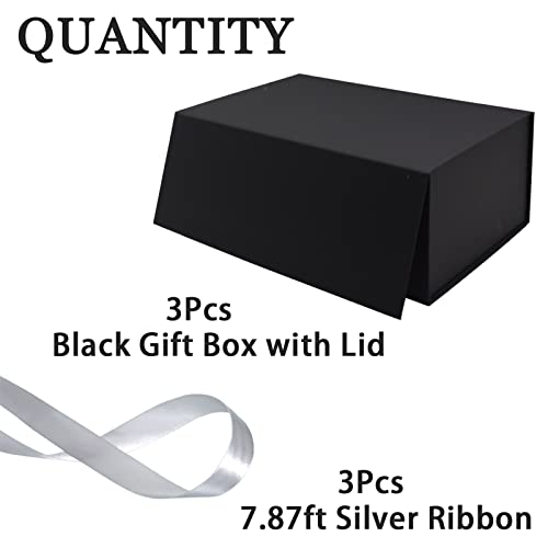 AuroWish 3 Pack Large Gift Box for Present, 12.5 x 8.5 x 4.75 Inches, Black Gift Box with Magnetic Lid, Collapsible Gift Box with Ribbons, Gift boxes with Lids for Christmas, Bridesmaid Proposal, Wedding, Birthday