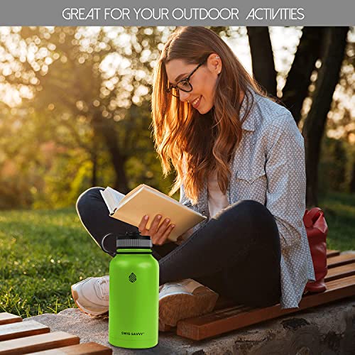 Swig Savvy Vacuum Insulated Stainless Steel Water Bottle with Straw, Double Wall Wide Mouth Sports Bottle with Storage Sleeve, Keeps Liquids Cold for 24 Hours, Hot for 12, 32 Ounces, Green