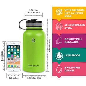 Swig Savvy Vacuum Insulated Stainless Steel Water Bottle with Straw, Double Wall Wide Mouth Sports Bottle with Storage Sleeve, Keeps Liquids Cold for 24 Hours, Hot for 12, 32 Ounces, Green