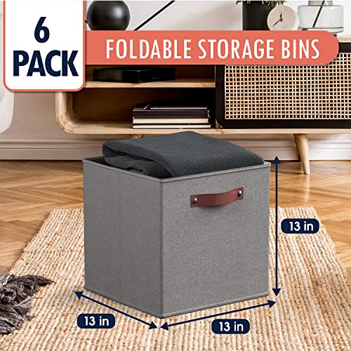 Ornavo Home Foldable Collapsible Storage Box Bins Linen Fabric Shelf Basket Cube Organizer with Leather Handles - Set of 6-13 x 13 x 13 - Gray