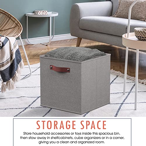 Ornavo Home Foldable Collapsible Storage Box Bins Linen Fabric Shelf Basket Cube Organizer with Leather Handles - Set of 6-13 x 13 x 13 - Gray